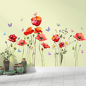 Red Poppy Flowers Wall Decals Daisy Floral Butterfly Wall Stickers DIY Removable Green Leaf Plant Flower Wall Art Decor for Kids Girls Bedroom Living Room Nursery Playroom Decoration DT-MS091