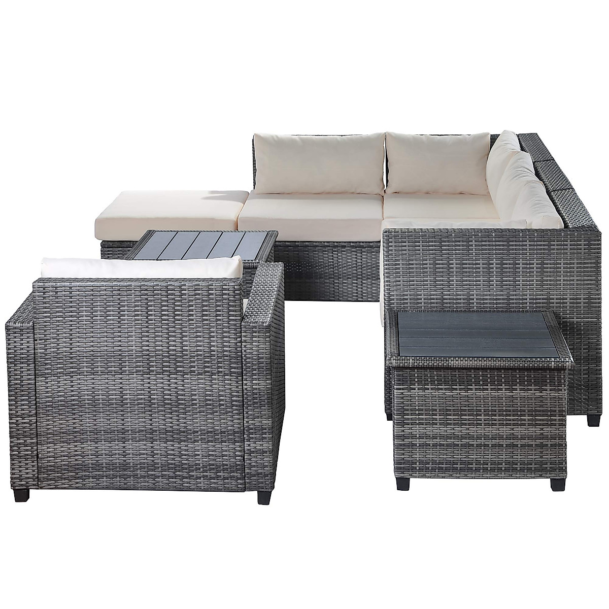 Merax, Beige 8 PCS Patio Conversation Sets PE Rattan Wicker Outdoor Sectional Group with Table and Cushions