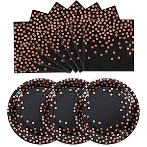 CENLBJ Black and Rose Gold Paper Plates- 100 Pack- 50 x 9 Dinner Plates & 50 x 6.5 Napkins, Black Paper Plates and Black Napkins Party Supplies for Birthdays and All Occasions