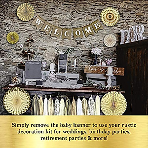 YARA Baby Shower Decorations Neutral | Woodland Rustic Boho Theme Oh Baby Decoration for Girl & Boy, Gender Reveal & Birthdays | Burlap Welcome Baby Banner, Gold & Cream Decor Paper Fans & Tassels