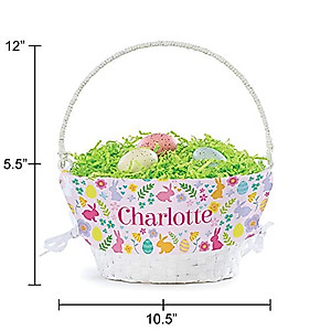Bunny Flower Pattern Personalized Easter Egg Basket with Handle and Custom Name | Pink Easter Basket Liners | White Basket | Woven Easter Baskets for Kids | Customized Easter Basket | Gift for Easter