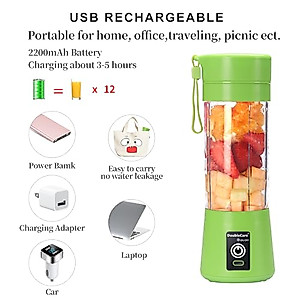 Portable Blender Cup,Electric USB Juicer Blender,Mini Blender Portable Blender For Shakes and Smoothies, Juice,380ml, Six Blades Great for Mixing,Green