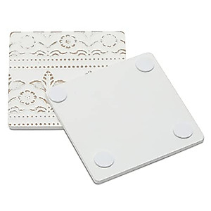 Set of 6 White Wooden Coasters with Holder for Drinks, Coffee Table, and Floral Farmhouse Decor (3.8 Inches)