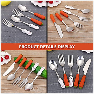KESYOO 5PCS Stainless Steel Flatware Silverware Cutlery Set Easter Bunny Carrot Fork Spoon Eating Utensils Tableware with Ceramic Handle for Kids Home