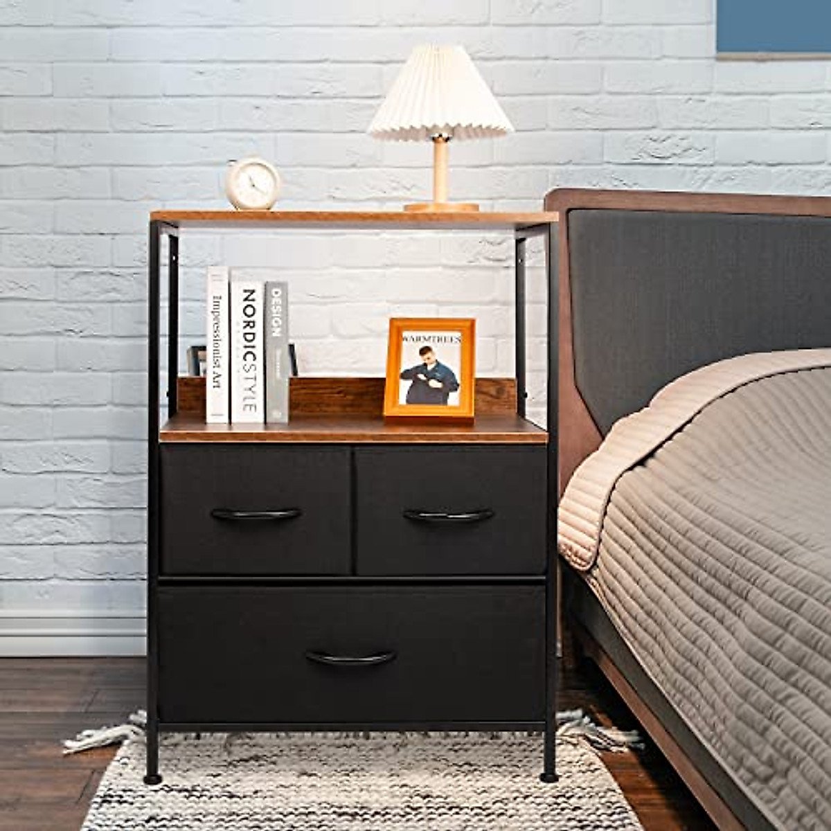 CONNOO Nightstand, Bedside Table with 3 Fabric Drawer, Storage Shelf, 2 Wooden Top, Night Stands Dresser for Bedroom, Hallway, Hotel, Closet, Nursery, Living Room, Office, Industrial Rustic Black