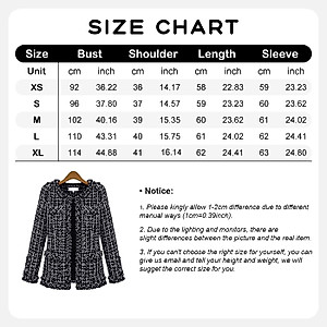 ebossy Women's Elegant Open Front Round Neck Fringed Plaid Tweed Jacket (Large, Black)