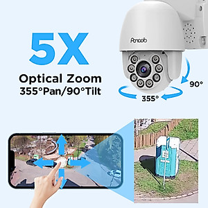PANOOB 6MP PTZ Outdoor Camera, 355° Pan 90° Tilt 5X Optical Zoom PoE IP Security Cams, AI Human Vehicle Detection, 2.7-13.5mm Lens, 328ftIR Night Vision, Two Way Talk, Support 256GB SDCard, PT16A-6MZ