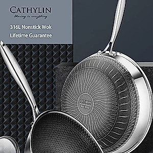 CATHYLIN Wok Pan Stainless Steel Stir-fry Wok with Lid 12.5" Non Stick Skillet with Stay-cool Handle PFOA Free Suitable for Induction, Ceramic, Electric, and Gas Cooktops