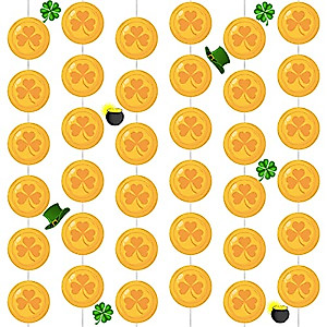 12 Strings St Patricks Day Gold Coins Garland No DIY St Patricks Day Banner for St Patricks Day Decorations Coins Window Hangings, St Patricks Day Garland for Coins Hanging Decorations