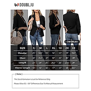 DOUBLJU Women's Casual Work Ruched 3/4 Sleeve Open Front Blazer Jacket with Plus Size Black