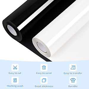 VinylRus Heat Transfer Vinyl-12” x 25ft Black & White Iron on Vinyl Roll for Shirts, HTV Vinyl for Silhouette Cameo, Cricut, Easy to Cut & Weed