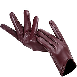 Fashion Leather Women's Gloves,Drive Women's Leather Gloves,Thin Gloves,Keep Warm Women's Winter Gloves Jujube Red 7.5