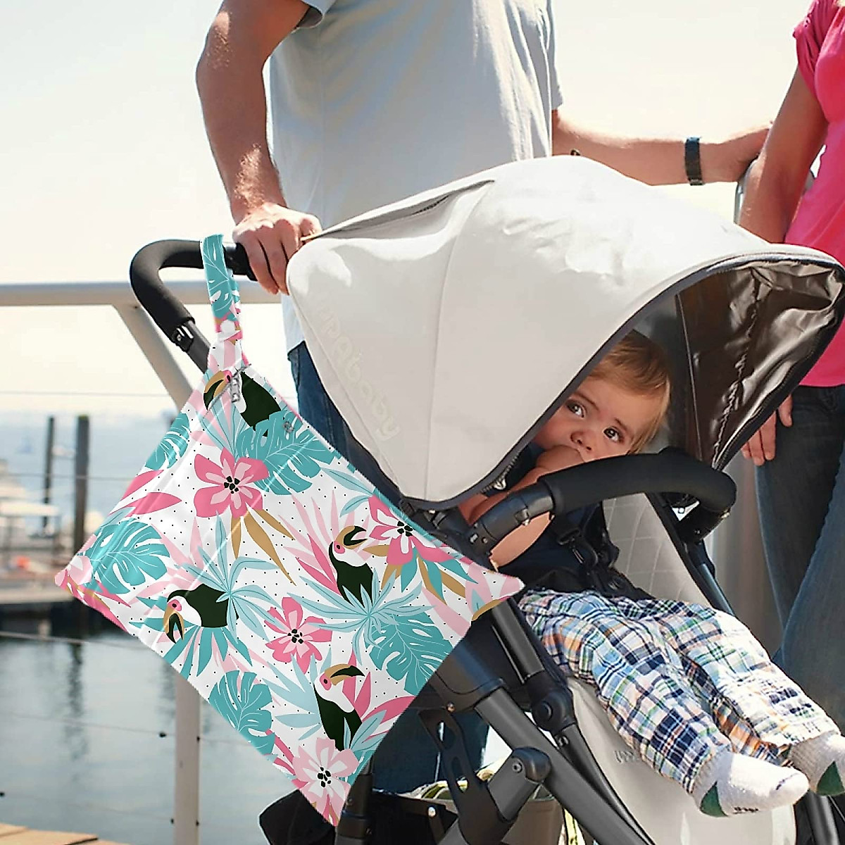 visesunny Tropical Palm Flower Parrot Animal 2Pcs Wet Bag with Zippered Pockets Washable Reusable Roomy for Travel,Beach,Pool,Daycare,Stroller,Diapers,Dirty Gym Clothes, Wet Swimsuits, Toiletries