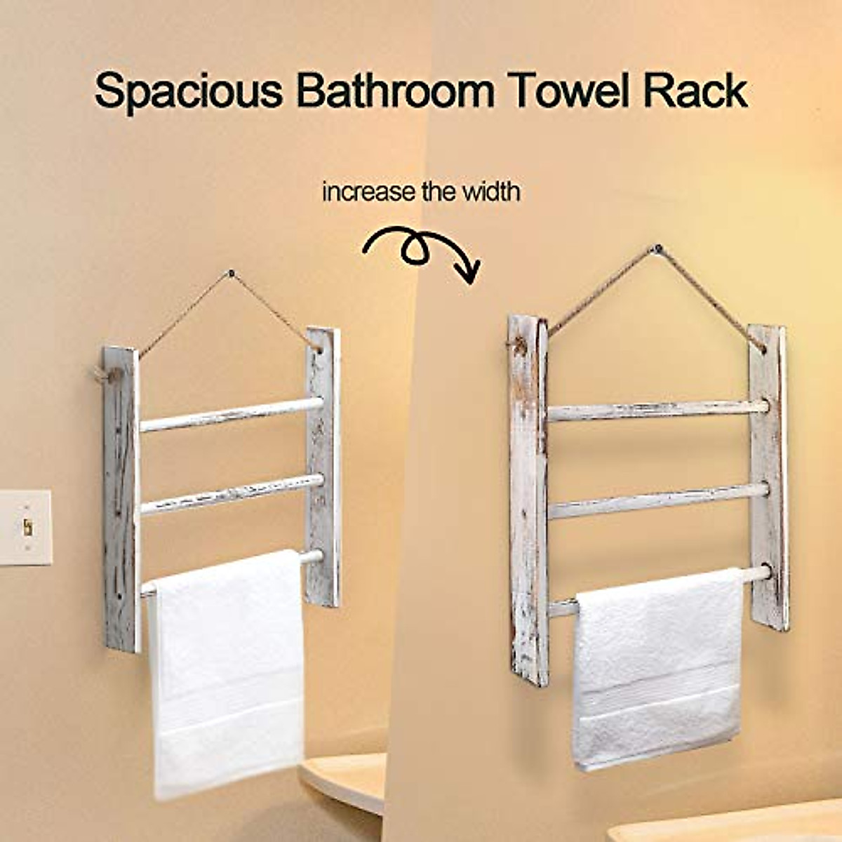 Ladder Hand Towel Rack for Bathroom, Blanket Ladders for The Living Room Hanging Blanket Ladder Rustic Decorative Ladder for Blankets Whitewashed Towel Ladder