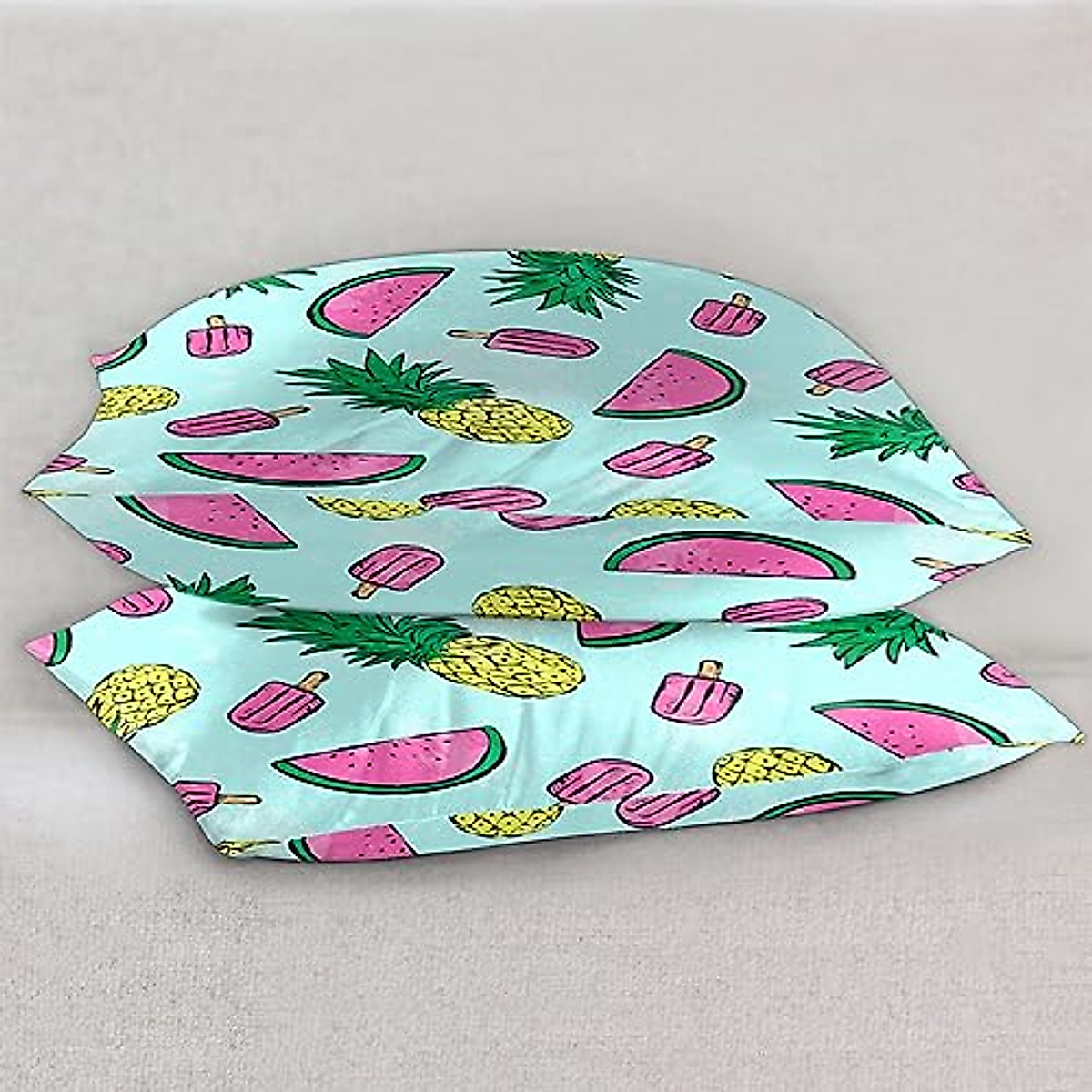Pineapple Watermelon Popsicle Satin Pillow Cases Silk Satin Pillowcase for Hair and Skin Standard Set of 2 Super Soft Silk Pillowcase with Envelope Closure (20x26 in)