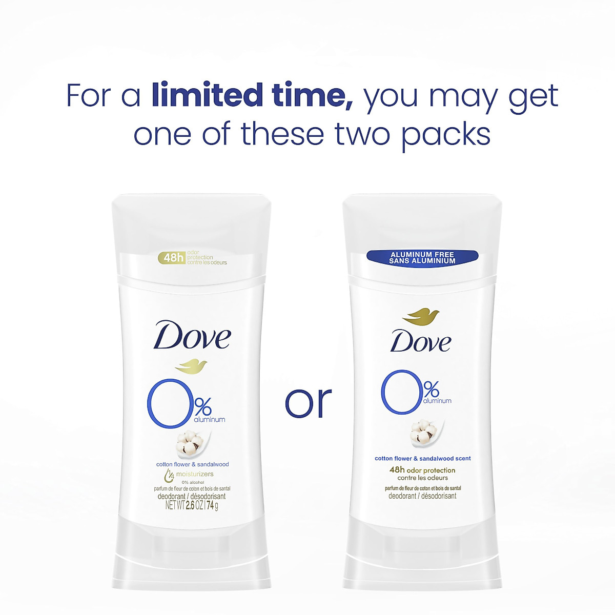 Dove 0% Aluminum Deodorant Stick Cotton Flower & Sandalwood 3 count for 48-Hour Odor Protection Aluminum Free Deodorant 2.6 oz