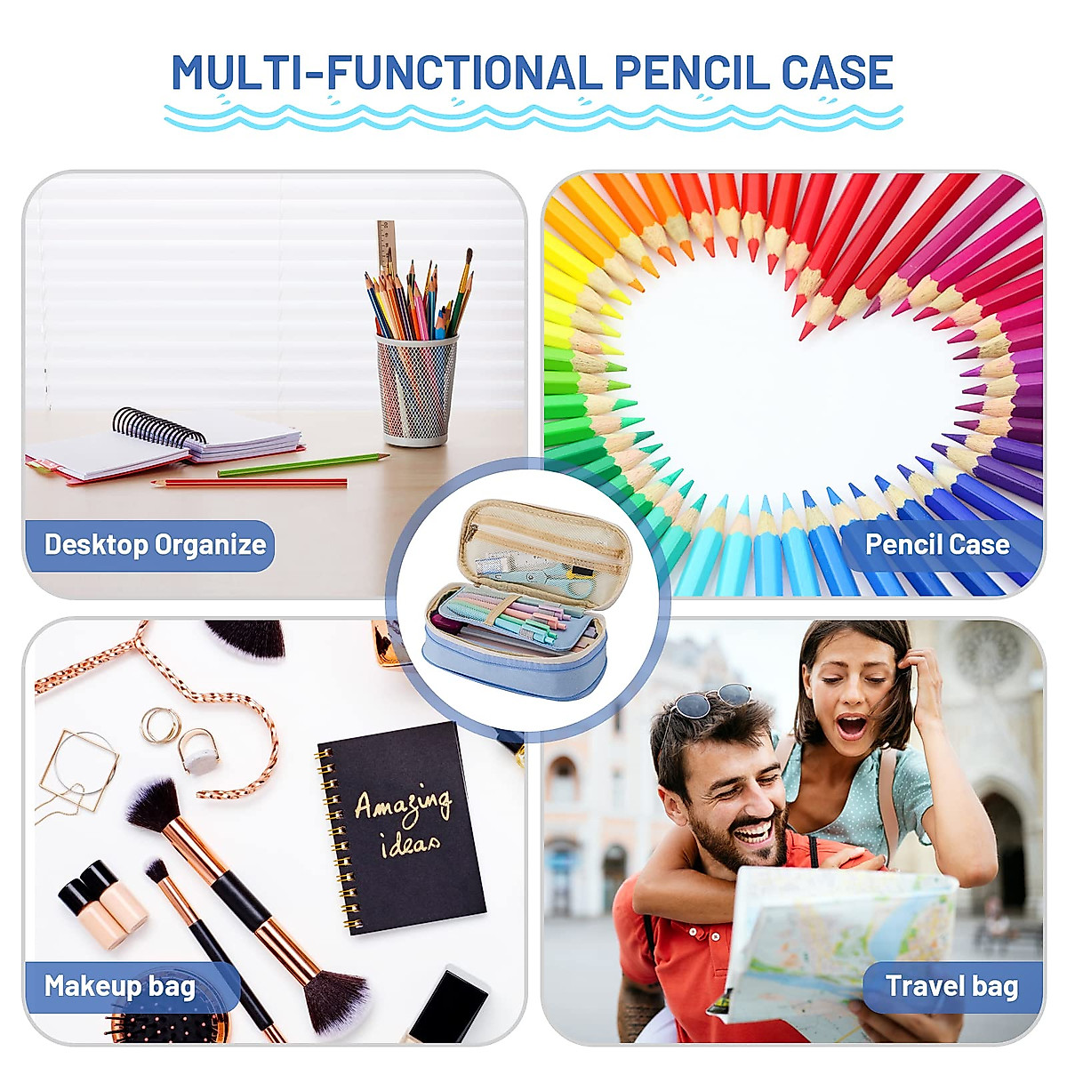 Sonuimy Large Capacity Pencil Case Pouch with Zipper, Portable Aesthetic Cute Big Capacity Pencil Cases Pen Office Travel Stationery Makeup Bag, Desk Organizer for College Adults Women Men- Sky Blue