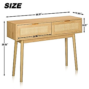 LAZZO 39" Console Table, Oak Grain Sofa Table with Wood Frame, Rustic Hallway Table with 2 Bamboo Weaving Storage Drawers for Foyer Living Room Entryway