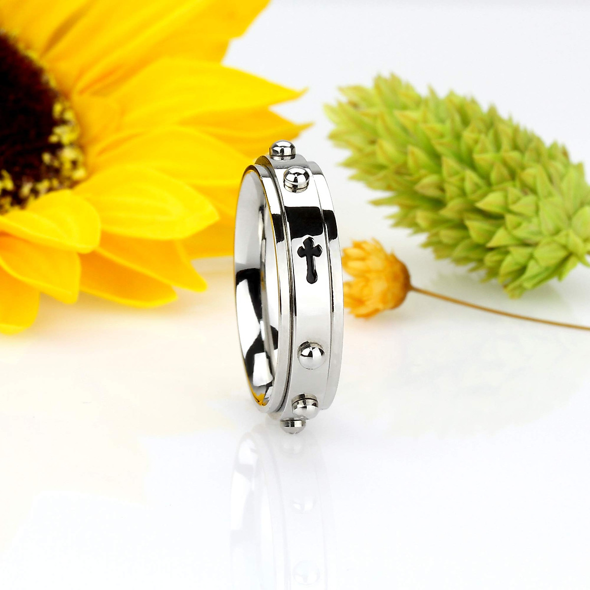 DoubleAccent 6MM Stainless Steel Cross Rosary Spinner Praying Ring, 13