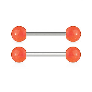 Forbidden Body Jewelry Glow In The Dark Orange Nipple & Tongue Rings Surgical Stainless Steel Barbells 14G,16mm (Sold as a Pair)