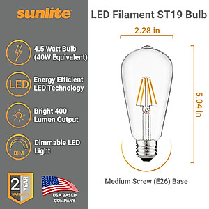 Sunlite LED ST19 Filament Style Edison Light Bulb, 4.5 Watts (40W Equivalent), 400 Lumens, Medium Base (E26), Dimmable, UL Listed, 2700K Soft White, 1 Pack