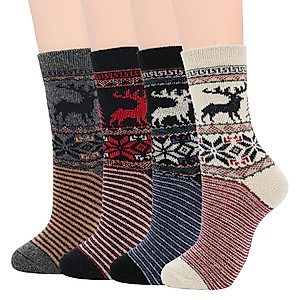 Zando Women's Wool Socks Soft Warm Cabin Socks Cotton Thick Knit Vintage Socks Thermal Cozy Crew Boots Socks for Women Free Size Winter Christmas Gift Socks 4 Pairs Elk Octagon