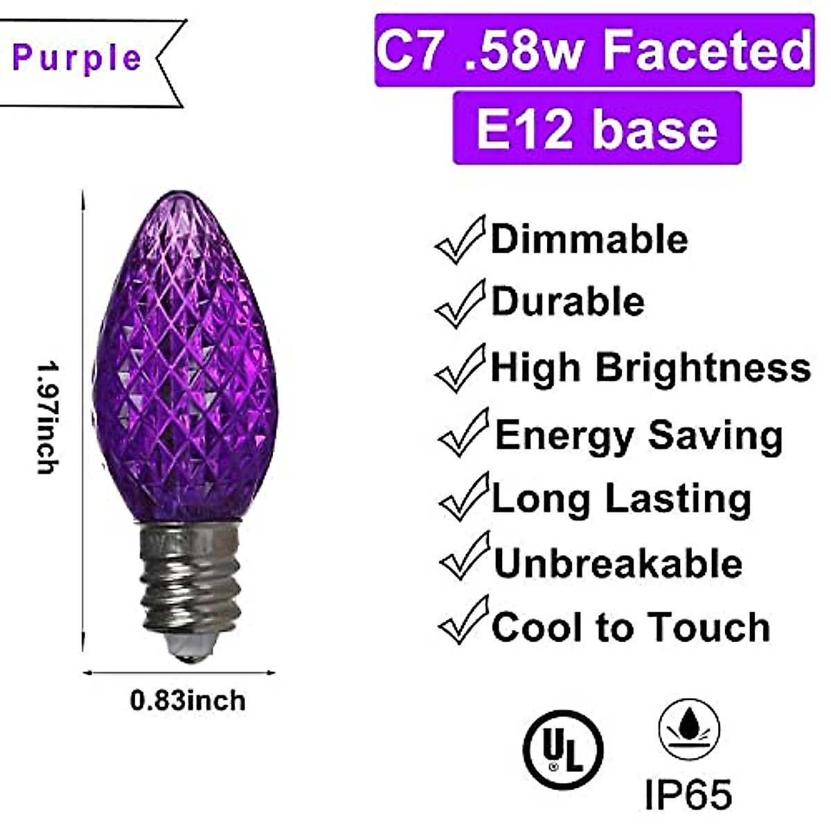 Durable Set of 25 Red C7 Led Replacement Bulbs for Outdoor Christmas Holiday Decoration,UL IP65 Waterproof Dimmable Faceted Candelabra Light Bulbs (Red)