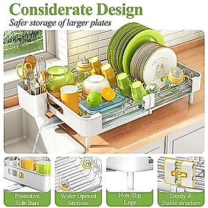Kitchen Counter Dish Drainers Rack, Auto-Drain Expandable(13.2"-19.7") Stainless Steel Large Strainers Over Sink Drying Rack Drainboard with Utensil Holder Caddy Organizer, White