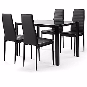 5-Piece Dining Table Set with 4 Faux Leather Chairs, Tempered Glass Tabletop Size 47.25" x 27.5", Black