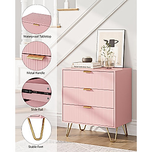 Aobafuir 3 Drawer Dresser for Bedroom, Modern Closet Dressers Chest of Drawers, Storage Dresser Chest Cabinet Organizer Unit, Small Fluted Dresser for Bedroom (Pink Stripe)