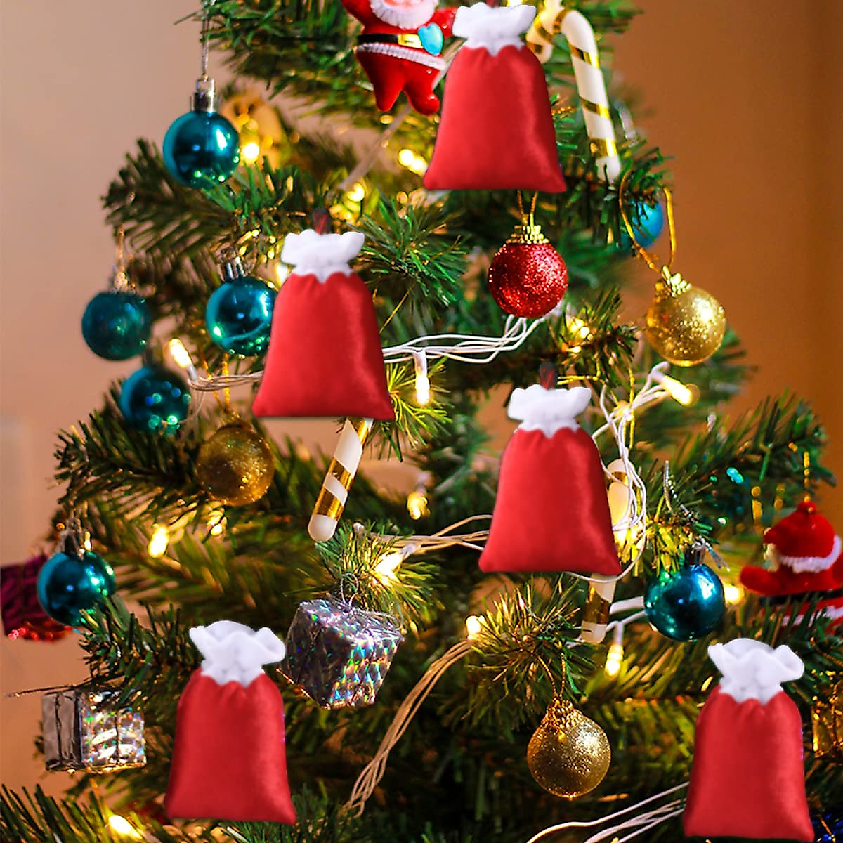 15 Pieces Christmas Velvet Drawstring Bag Red Christmas Tree Ornament Drawstring Gift Bags Velvet Santa Gift Wrap Bags Christmas Decorations Pouch Packaging Drawstring Bag for Christmas Decor Storage