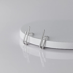 Reffeer Solid 925 Sterling Silver Bar Huggie Stud Earrings Hoops for Women Bar Half Hoop Earrings Open Hoops (A-Silver)