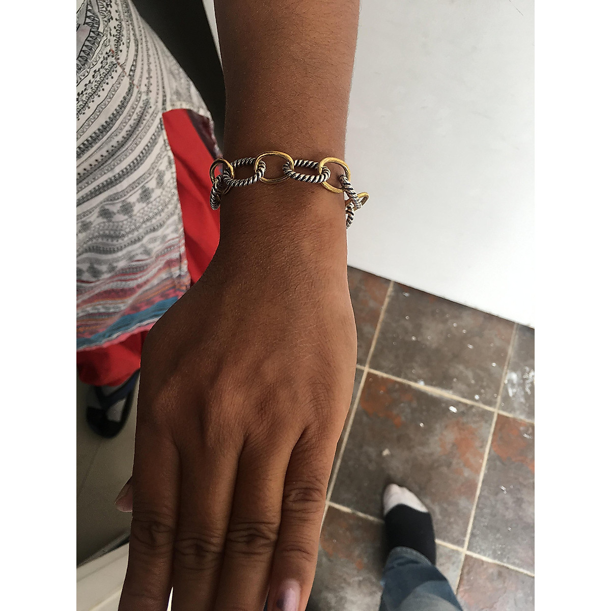 Gempara 18k White and Yellow Gold Plated Designer Inspired David Antique, Vintage Brand Chain Cable Twisted Link Bracelet