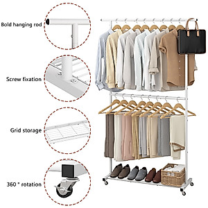 Sywhitta Double Rod Clothing Garment Rack, Rolling Coat Hanger with Bottom Mesh, Clothing Rack for Hanging Clothes, Coats, Skirts, Sweaters, White