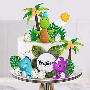 Dinosaur Cake Toppers Clay Dinosaurs Palm Leaves Dinosaur Eggs for Boy Girl Kid Birthday Baby Shower Dinosaur Theme Jungle Party Supplies (Multicolor)