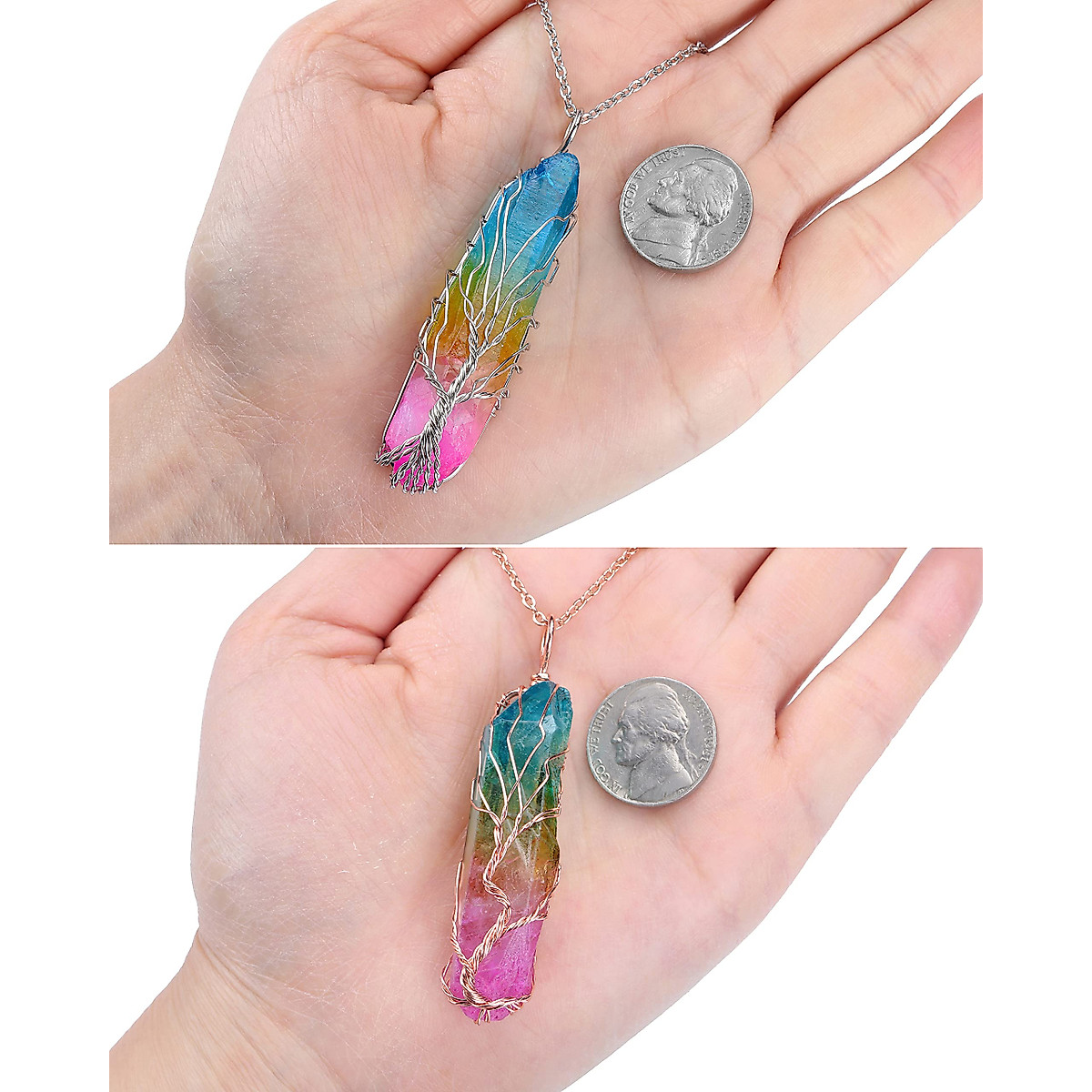 VadiForest 2pcs Chakra Tree of Life Quartz Crystal Pendant Necklace Natural Gemstone Reiki Healing Stone Necklaces Handmade Wire Wrap Raw Rock Charm Jewelry Gift for Yoga Meditation Good Energy Women