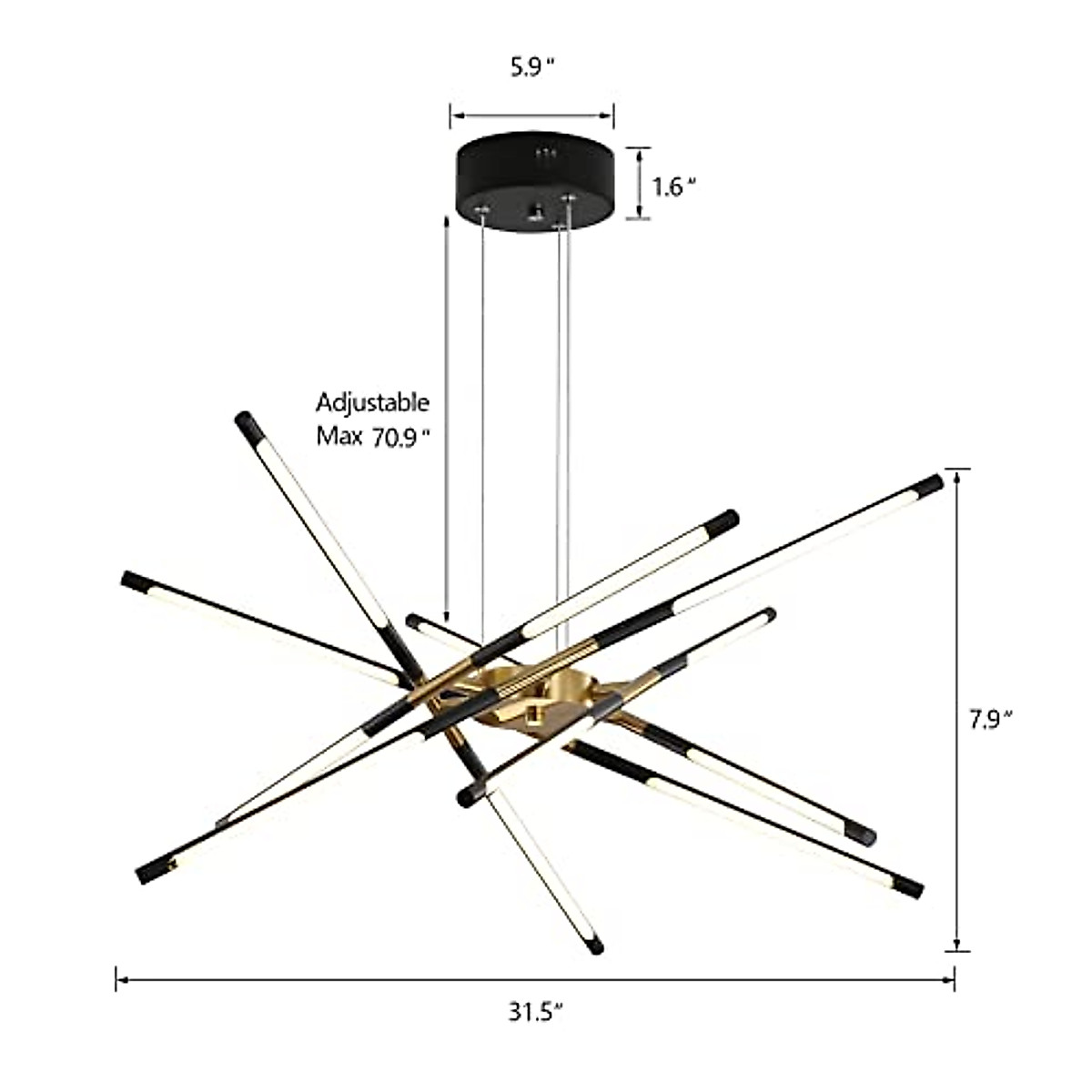 Q&S LED Modern Sputnik Chandelier,Black and Gold Mid-Century Dimmable Chandeliers with Remote for Dining Room Living Room 12 Lights