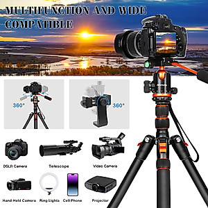2 in1 Lightweight Video Camera Tripods • 68" Tripod for Camera and Camcorder • 360° Ball Head Tripod with Removable Handle • Extra 1/4" QR Plate and Phone Holder • Compatible with Canon Nikon Sony