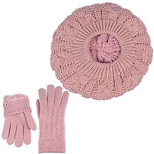 Accessories Necessary Winter Solid Toasty Warm Fleece Lined Knit Gloves & Beanie Beret 2 piece Set (PPink)