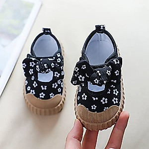 Spring and Summer Girls Casual Shoes Flower Bow Soft Bottom Comfortable and Breathable Big Girl (Black, 18-24Months)