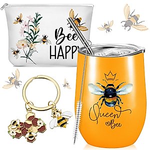 Sieral 3 Pcs Tumbler Cup Appreciation Gift Set Stainless Steel Tumbler Cup Cosmetic Bag Keychain Thank You Gift Graduation Gifts for Women Daughter Teacher Friends (Bee)