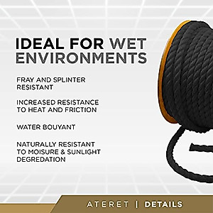 ATERET Twisted 3-Strand Black Polypropylene Rope Monofilament I 1" x 100 Feet I 12,825 lbs. Tensile Strength I Lightweight & Heavy-Duty Synthetic Cord for DIY Projects, Marine, Commercial Use