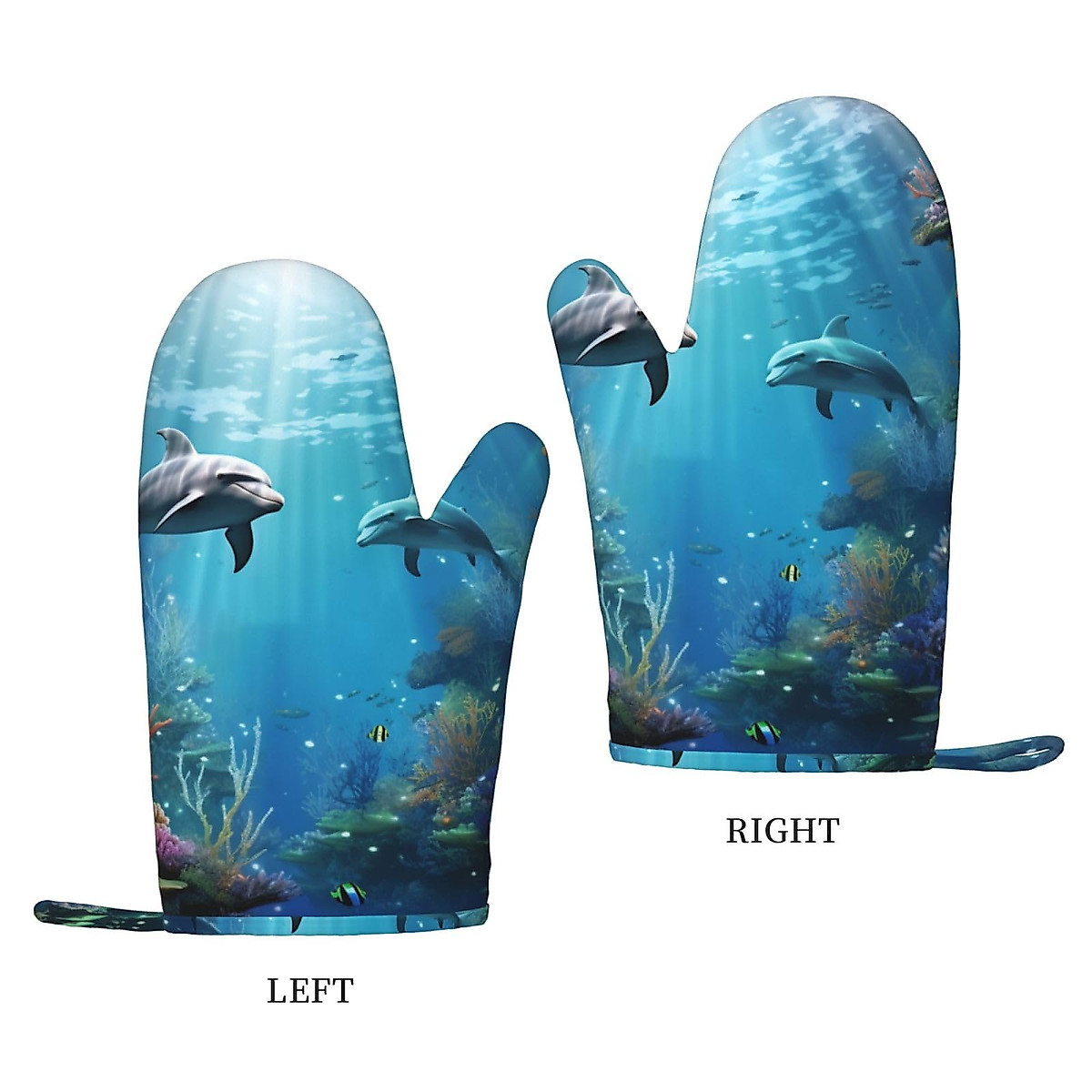 Blue Ocean Underwater Fish Printed Oven Mitts Heat Resistant Oven Gloves Non-Slip Silicone Kitchen Gloves for Cooking Baking BBQ Gloves 1 Pair