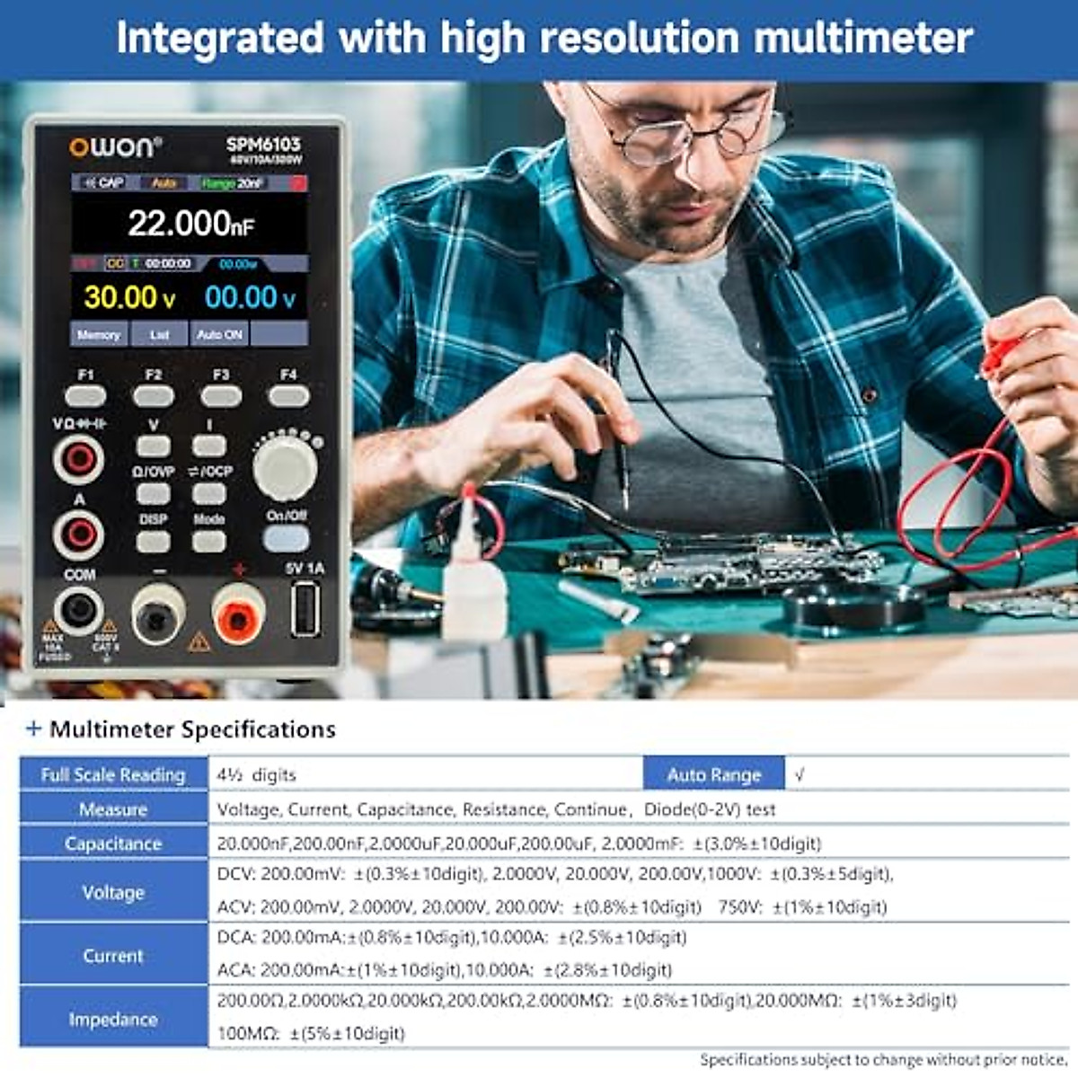 OWON SPM6103 2 in 1 Power Supply & Multimeter(0-60V,0-10A) DC Power Supply Variable, Bench Power Supply, with 2.8 inch High Precision LED, USB Interface Support SCPI, 4 1/2 Digital multimeter