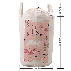 Laundry Bag Tote Cute Rabbits Flowers Pink Handles Large Capacity Cotton Linen Durable Drawstring Top Closure Lid Waterproof Storage Dirty Clothes Basket