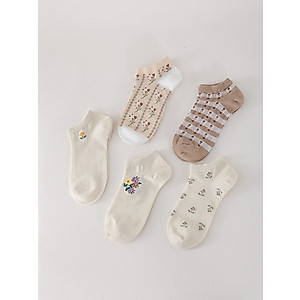 WDIRARA Women's 5 Pairs Floral Print Striped Cute Socks Casual Ankle Crew Socks Multicolor one-size