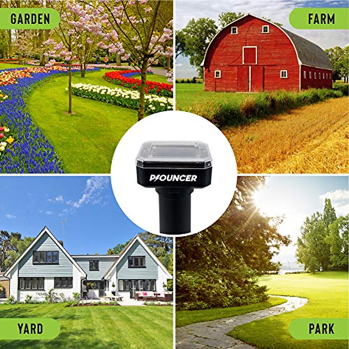 P-OUNCER Solar Mole Repellent (4 Pack): Ultrasonic Pest Repeller for Rats, Mice, Voles and Gophers, Waterproof Solar Powered Stakes for Garden and Yard, Outdoor Snake Deterrent, Humane Pest Control