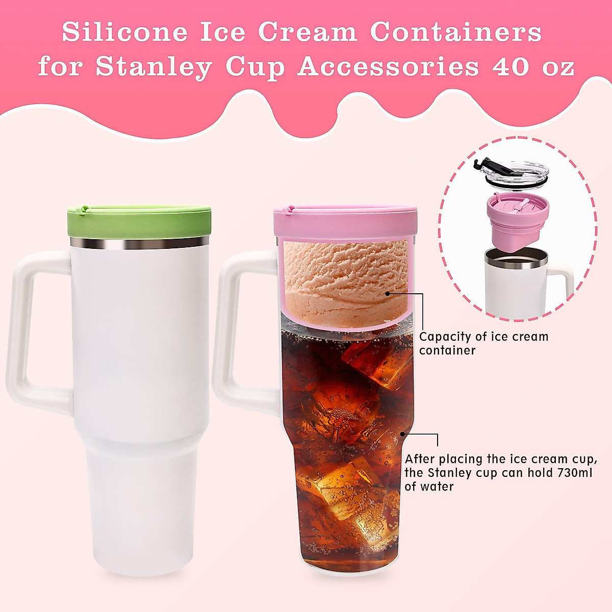 Silicone Ice Cream Cup with Lids for Stanley Cup Accessories 40 oz, Ice Cream Containers for Homemade Ice Cream with Spoons, Reusable Freezer Storage Tubs for Ice Cream, Sorbet (2 PCS, Pink & Green)
