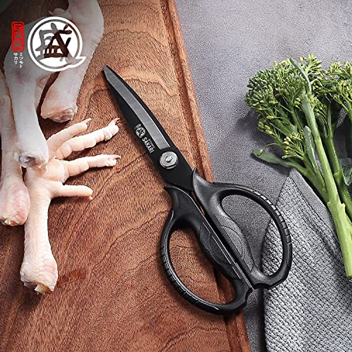 MITSUMOTO SAKARI Japanese Kitchen Scissors All Purpose, Black Titanium Plated Heavy Duty Kitchen Scissors, Multipurpose Cooking and Herb Scissors, Micro Serrated