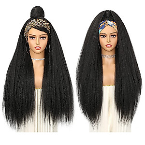 WIGNEE 26 Inches Kinky Straight Headband Wig for Women Yaki Straight Wigs with Black Headband Kinky Afro Wigs For Black Women